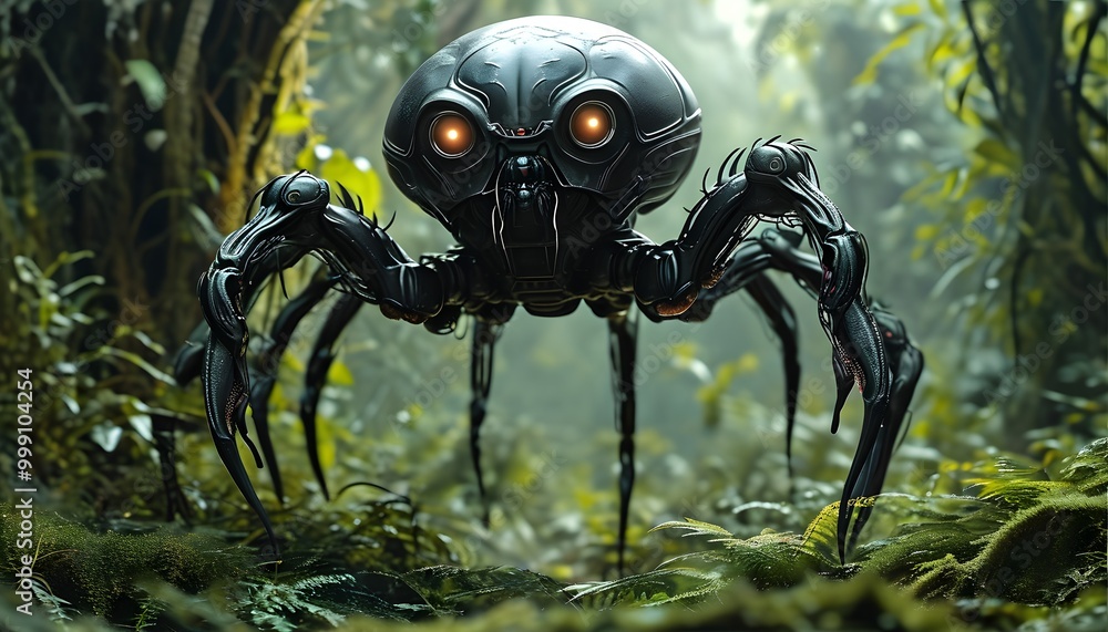 mysterious alien robot with spider-like legs navigating through a dense ...