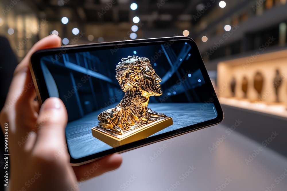 Digital 3D AR museum exhibit, where visitors hold up smartphones or ...