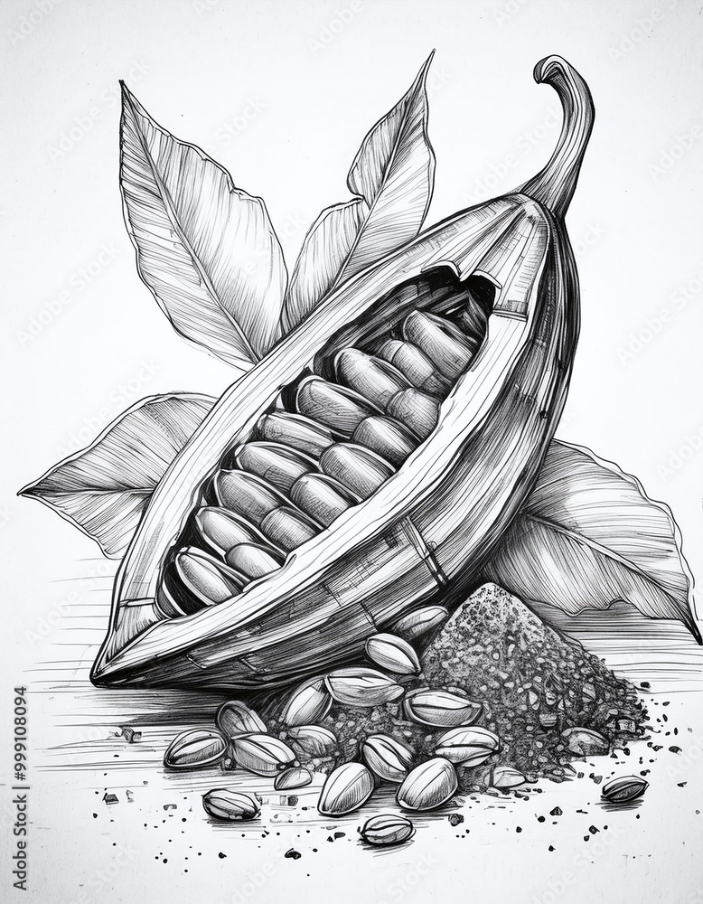 A detailed drawing of a cacao pod, seeds, and leaves, showcasing the ...