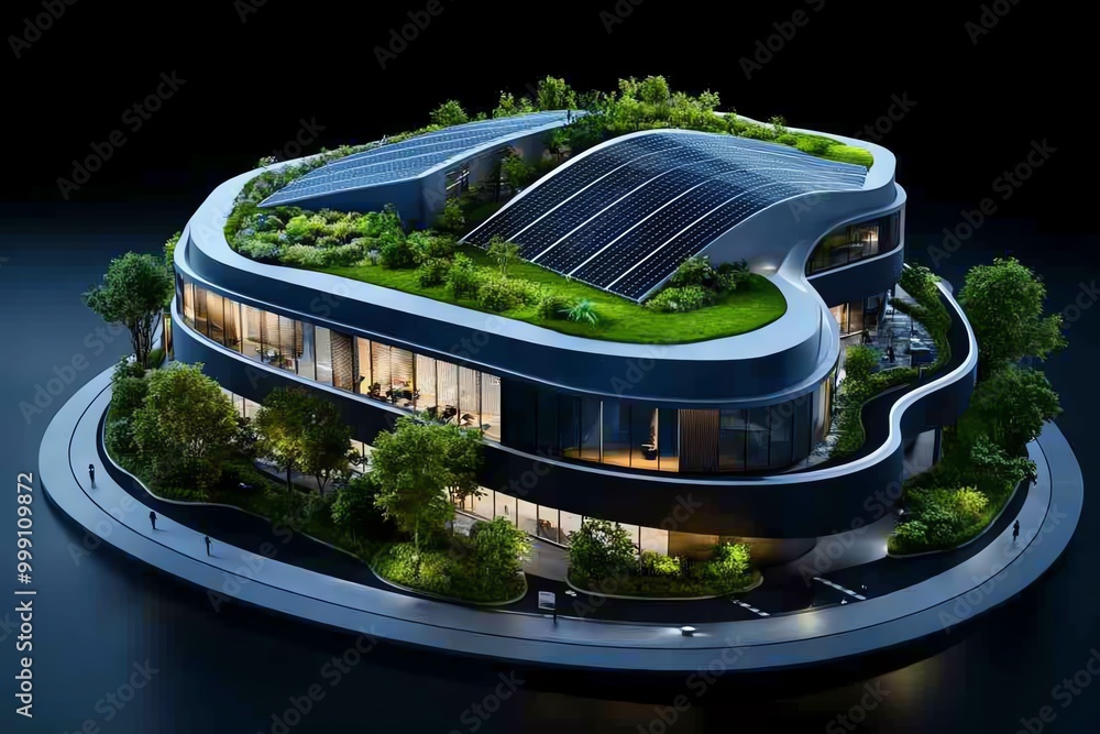 Digital 3D model of an energy-efficient building, showcasing its green ...