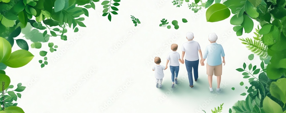 Elderly couple and young family enjoying a walk in the park flat design ...