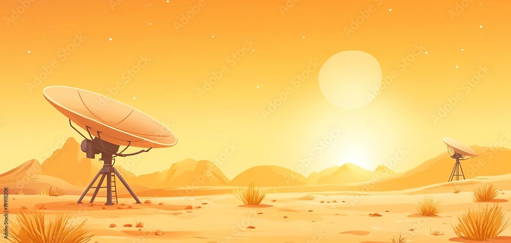 Satellite dish array in a desert environment flat design top view ...