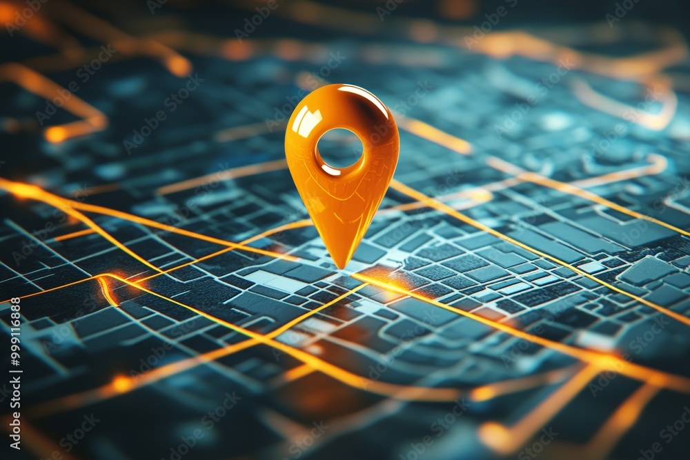 Large orange map pin highlights a specific location on a digital grid ...