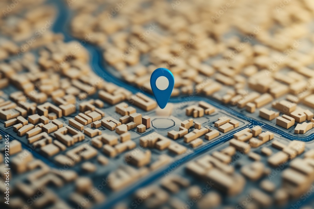 A blue pin marks a location on a stylized urban map featuring beige ...
