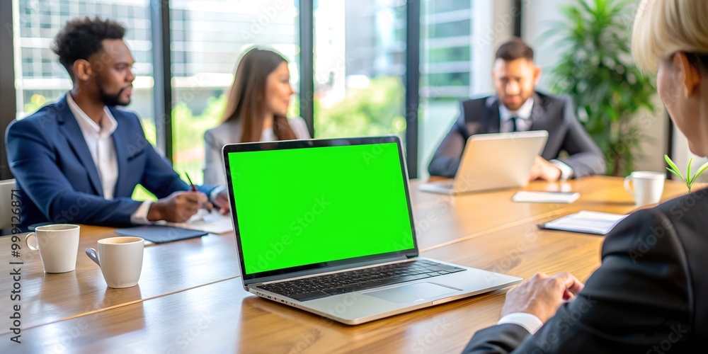 Laptop display with green screen background on an office desk while ...