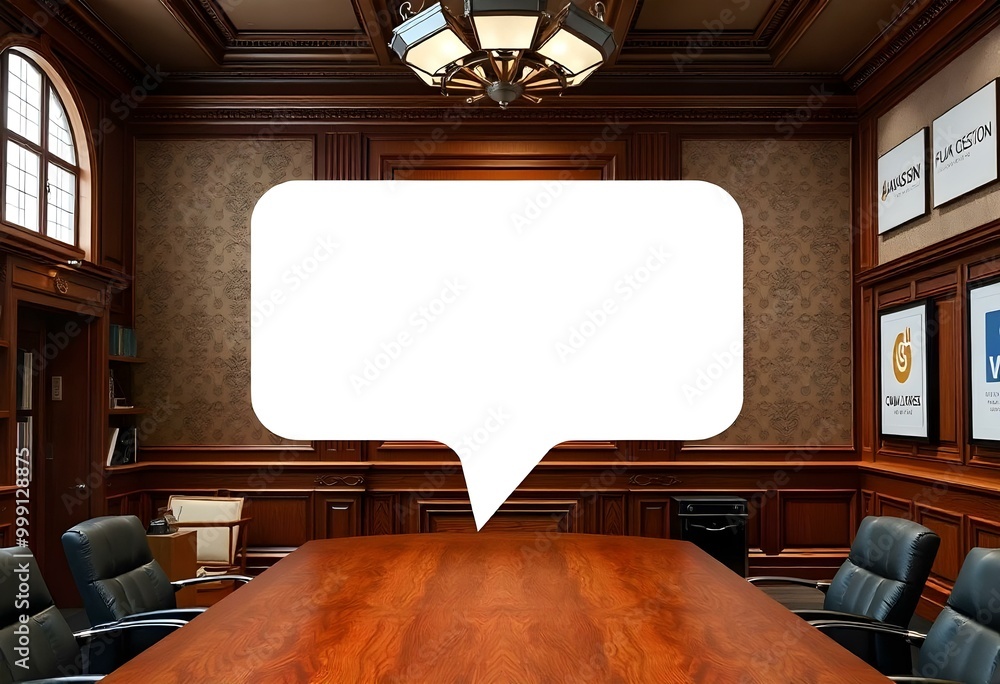 empty message bubble on a classic boardroom background featuring wooden ...