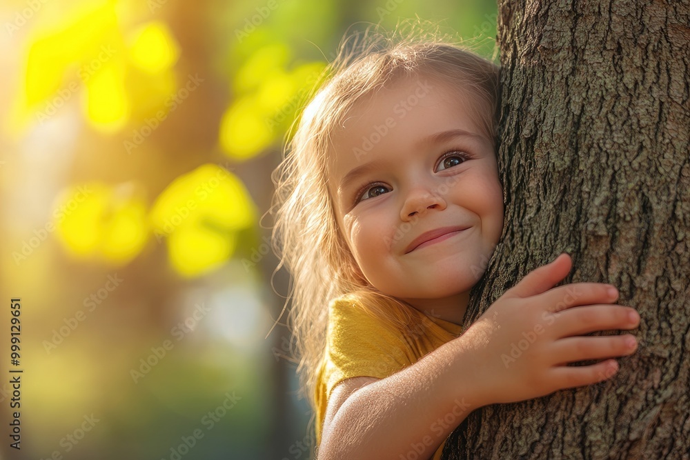 Little girl hugging a tree. Shows the beauty and innocence of nature ...