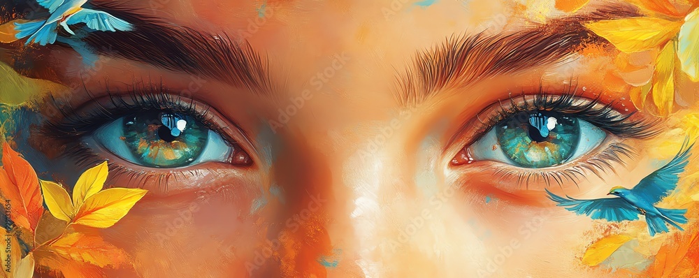 ojos de nina de 10 anos de perfil sonriendo, con aves y hojas volando ...