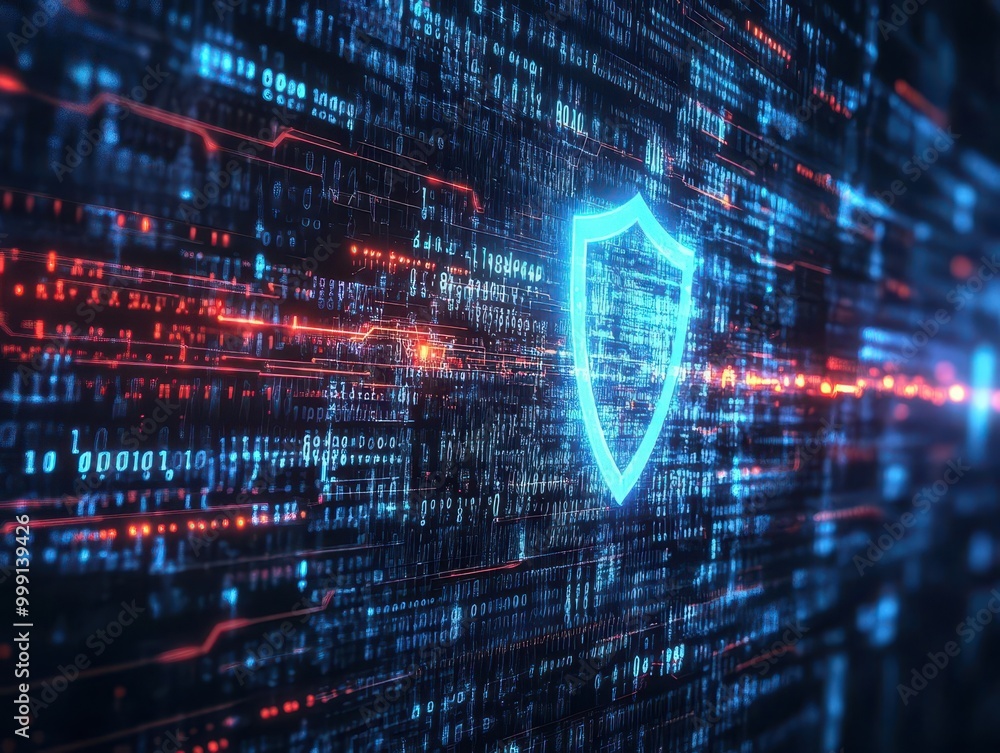 futuristic representation of cybersecurity featuring a glowing digital shield protecting a ...