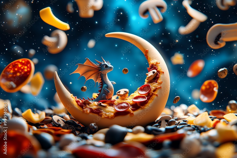 Generate a magical scene of a tiny dragon sitting on a pizza-shaped ...