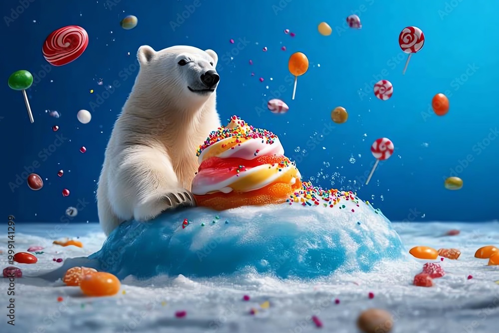 Generate a whimsical image of a polar bear sitting on an ice cream ...