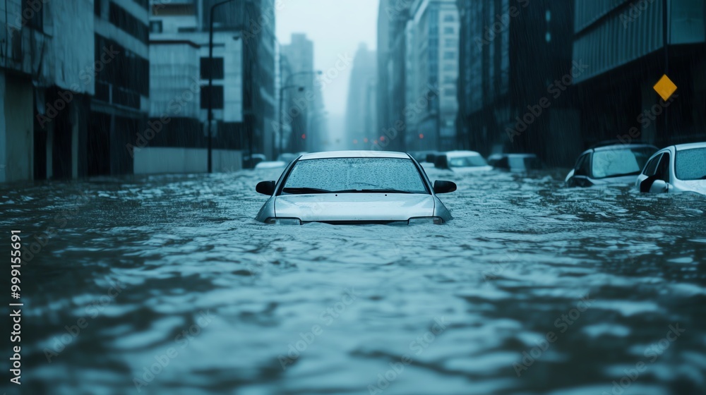 A flooded city street with submerged cars, depicting the impact of ...