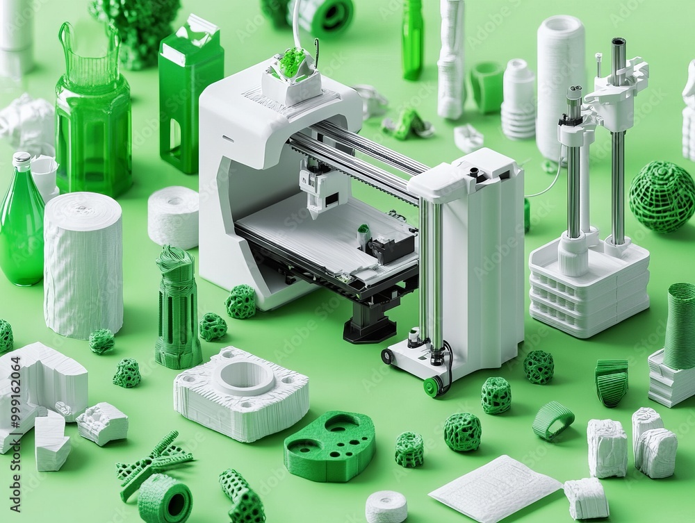 3D printers producing objects using recycled materials, highlighting ...
