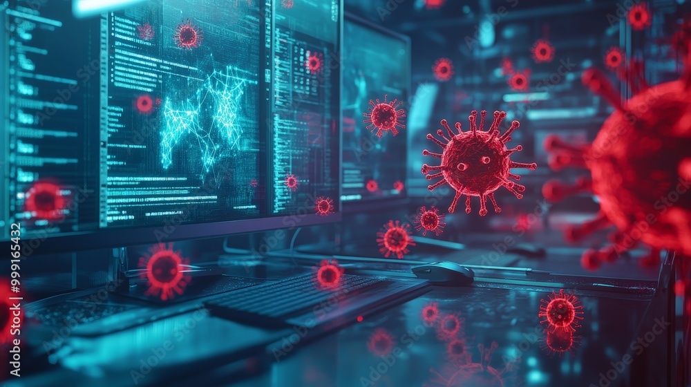 A computer system protected by antivirus software, with blocked virus ...