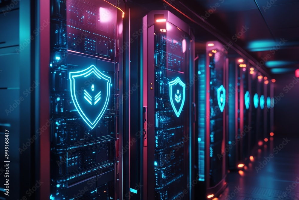 A high-tech network security setup, with servers protected by glowing shields and layers of ...