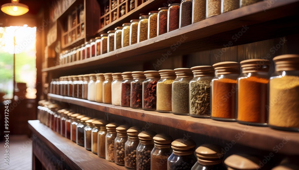 Traditional spice racks with depth of field featuring assorted spices ...