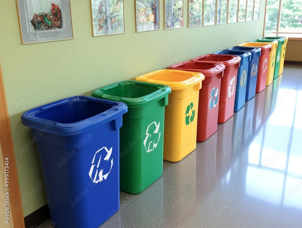 Recycling bins at a school, teaching students to properly dispose of ...
