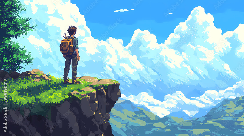 Pixelated character in graphics standing at a pixelated cliff, copy ...