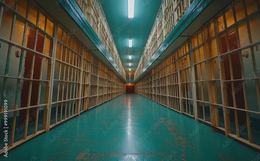 Explore the long, dimly lit hallway of prison featuring rows of jail ...