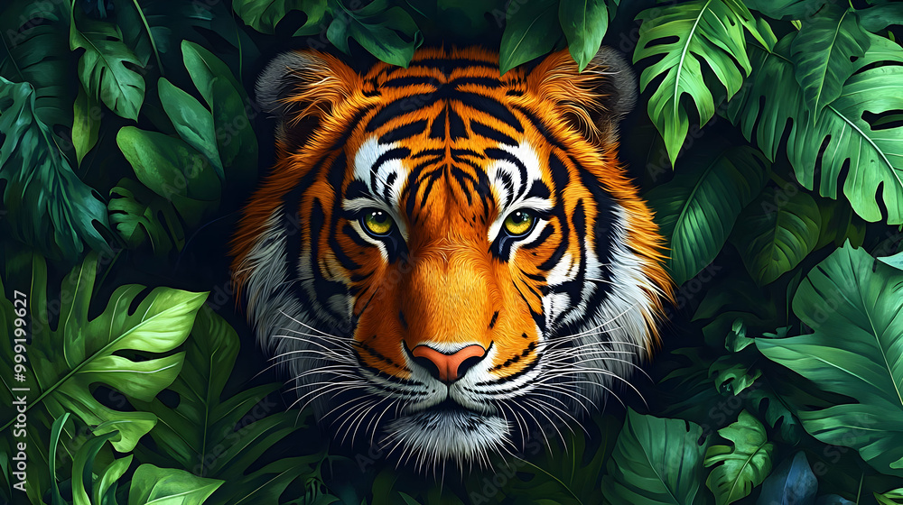 Tiger Peeking Through Lush Foliage: A Close-Up Look at Wildlife in ...