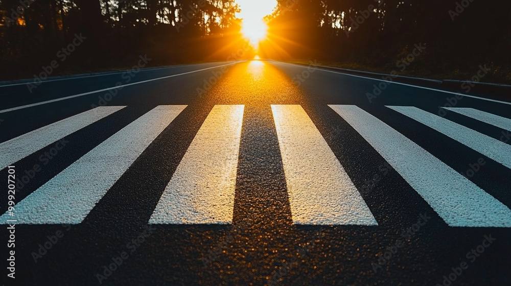 zebra crosswalk markings on a clean, black asphalt road. The distinct ...