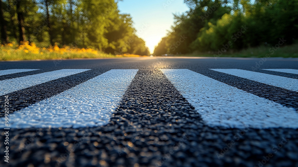 zebra crosswalk markings on a clean, black asphalt road. The distinct ...