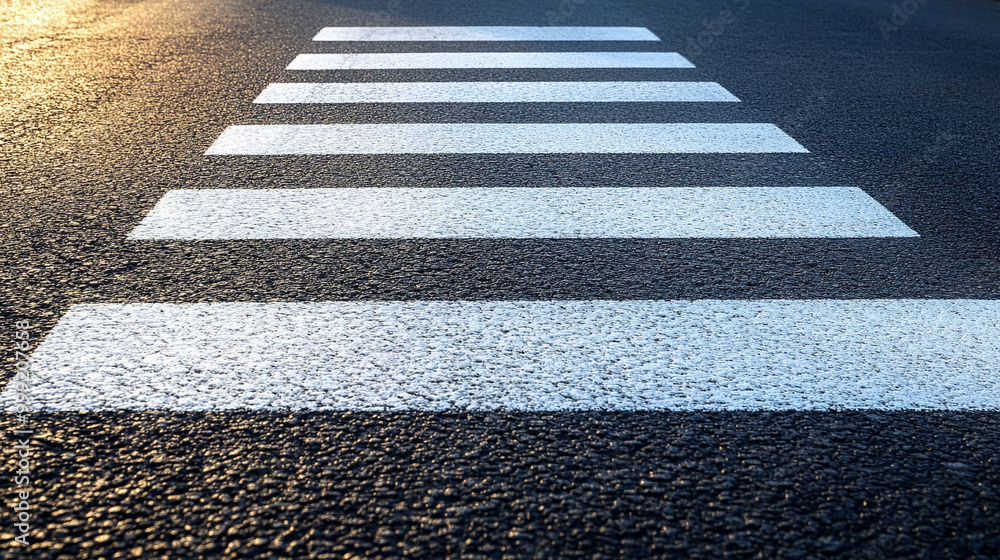 zebra crosswalk markings on a clean, black asphalt road. The distinct ...