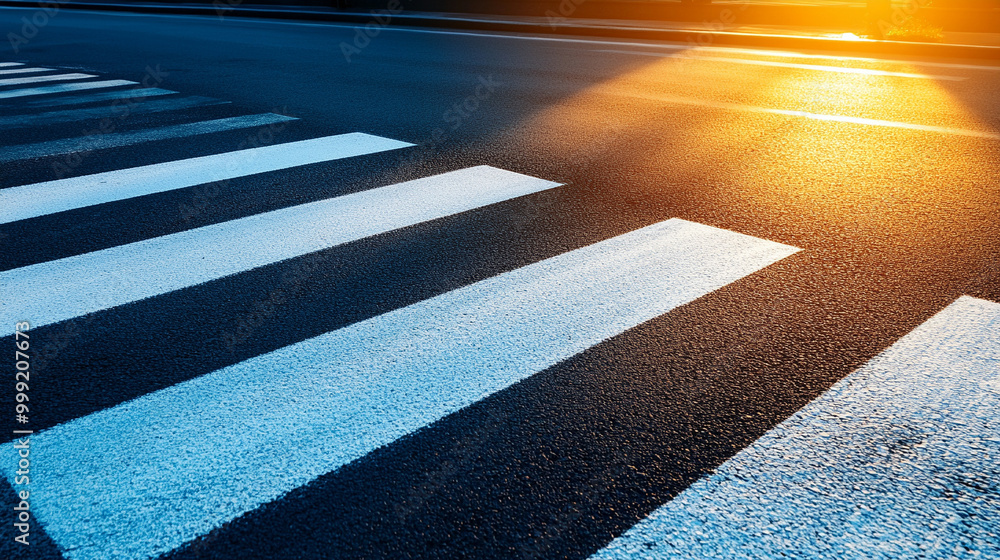 zebra crosswalk markings on a clean, black asphalt road. The distinct ...