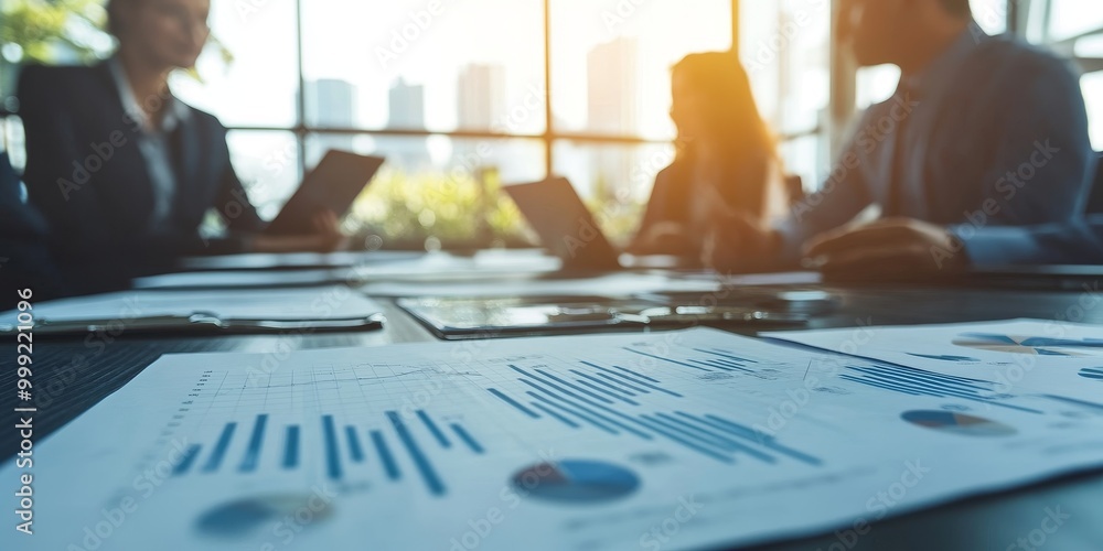 A business meeting focused on financial charts with executives ...