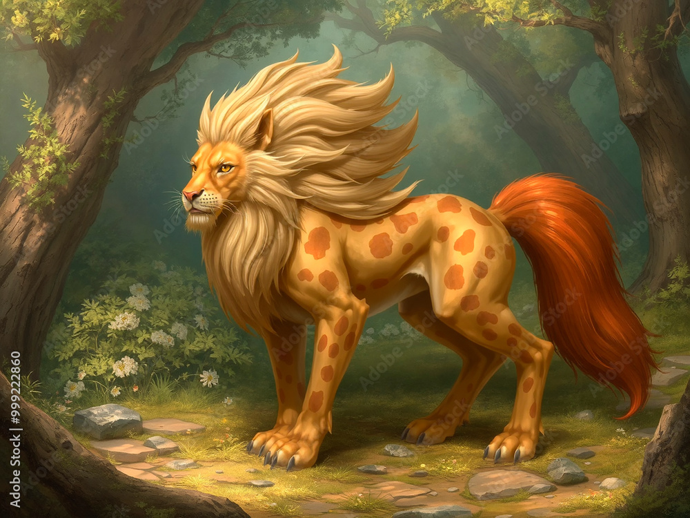 A majestic mythical creature named Leorix, featuring the strong face of ...