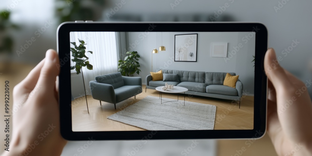 Macro shot of an interior design AR app, showing virtual furniture ...