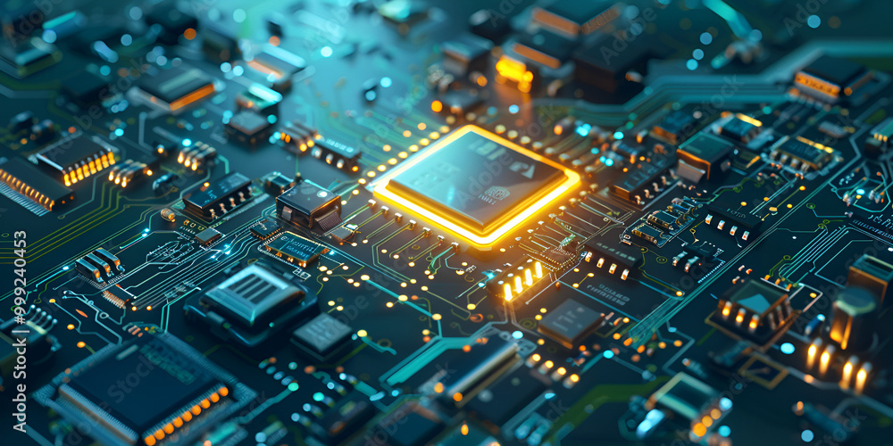 Glowing Microchip On Advanced Circuit Board High Tech Semiconductor With Integrated Circuits
