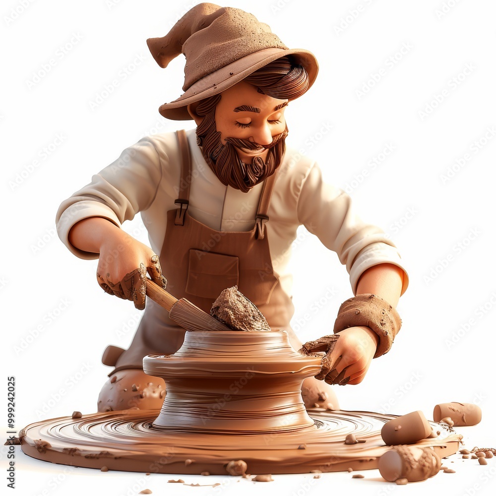 Cartoon 3D pottery artist shaping clay on a potter's wheel Isolated ...