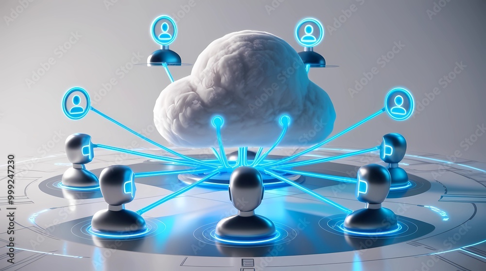 3D cloud with person icons connected by glowing blue lines. Represents ...