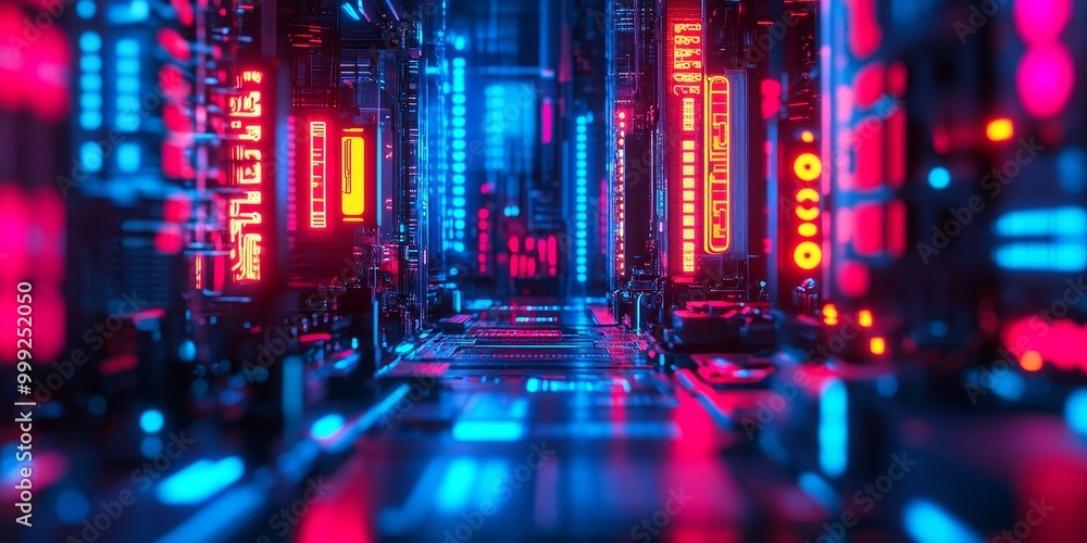 neon signs in a futuristic city, glowing brightly against dark, high ...