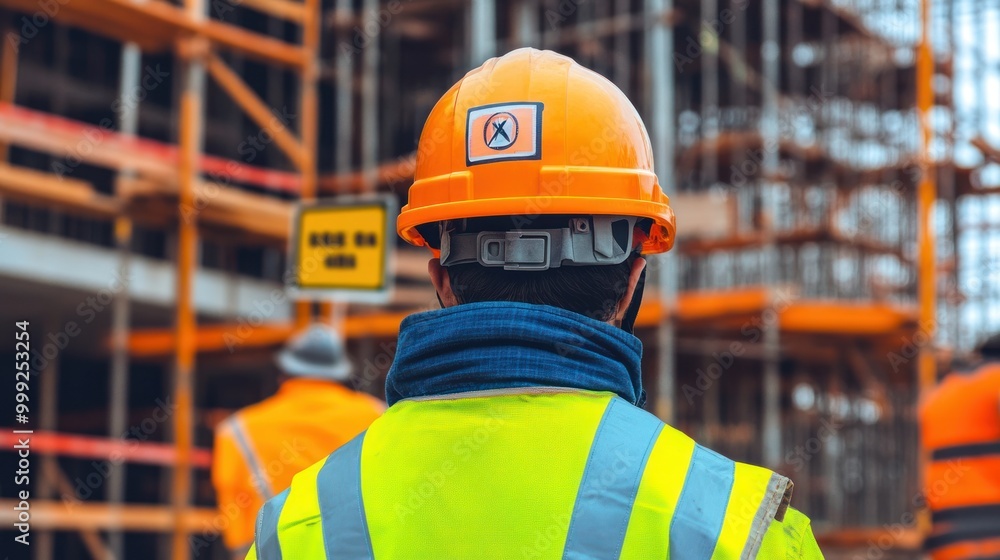 Construction safety focus, showing workers wearing protective gear ...