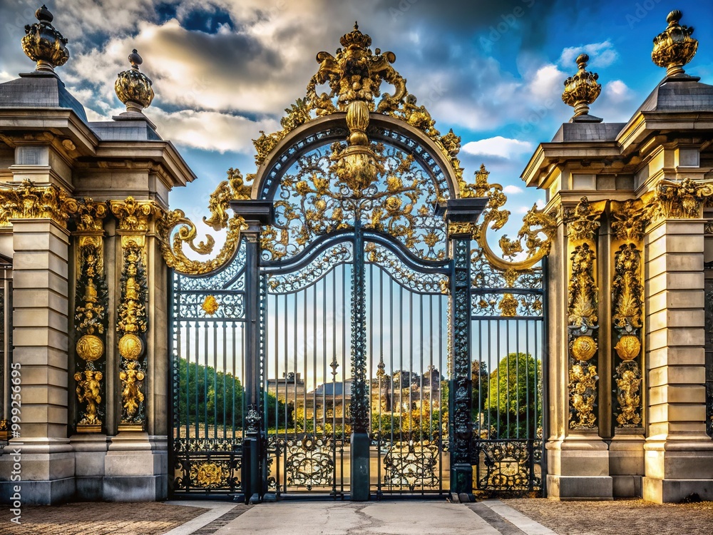 A grand, ornate entrance gate with intricate metalwork and majestic ...