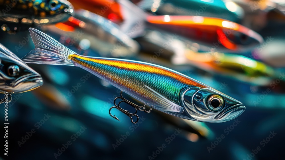 Vibrant fishing lures with different shapes and colors, showcasing ...