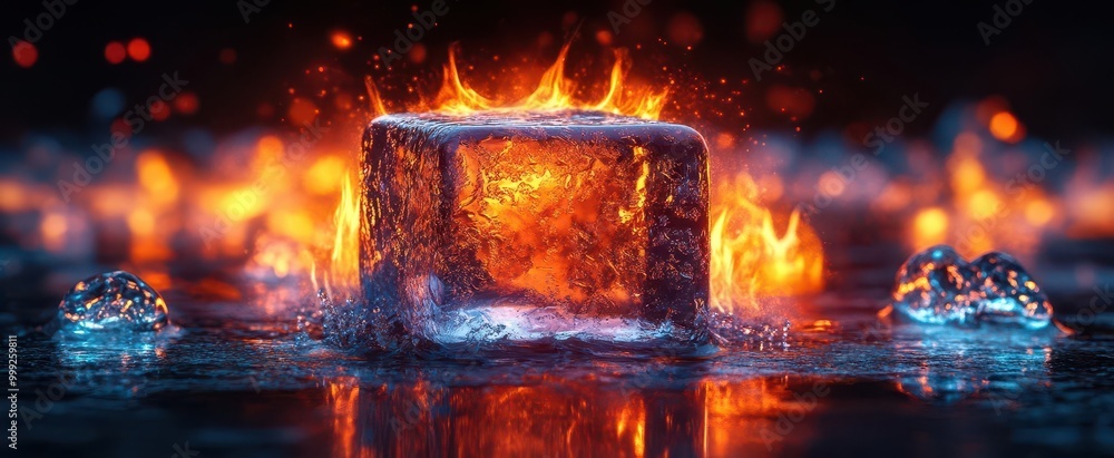 frozen ice cube dramatically enveloped in blazing flames illustrating ...