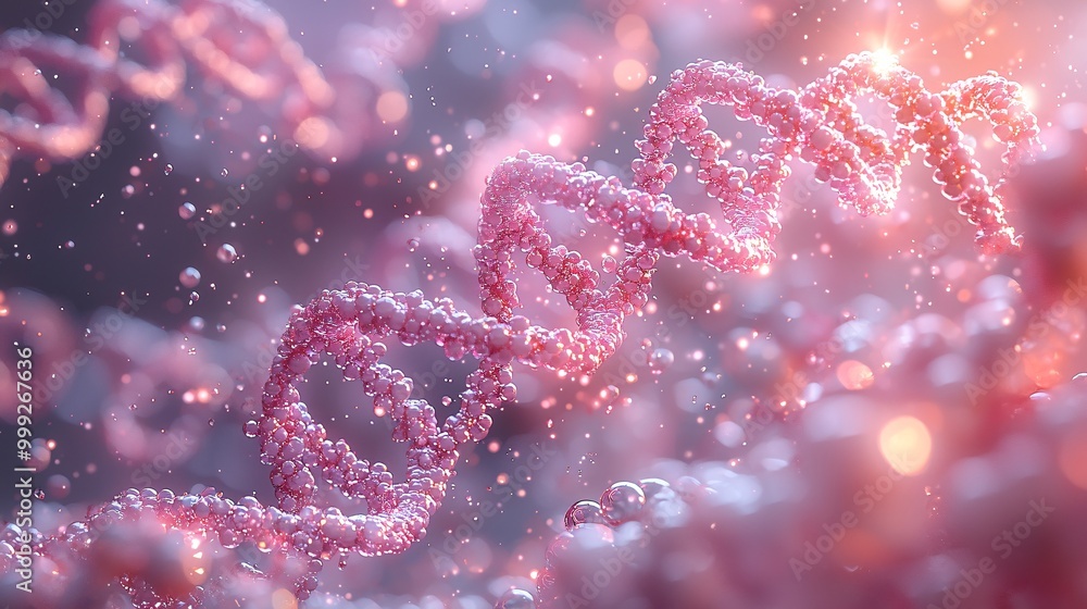 Pink DNA spiraling through a mist of floating, glowing bubbles in a ...