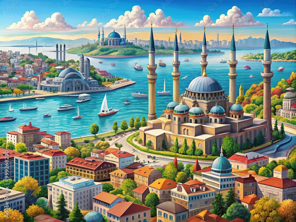 Detailed illustration of Istanbul's city map, showcasing iconic ...