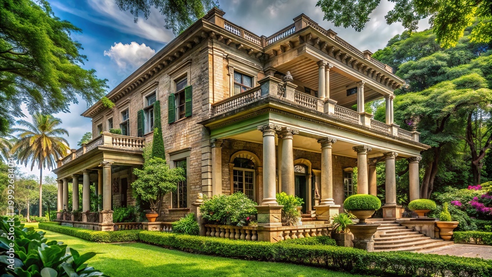 Elegant antiquated mansion with ornate facade, columns, and sprawling ...