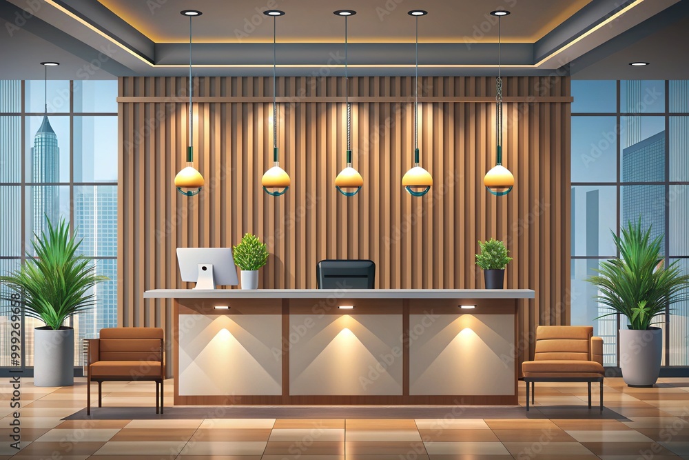 Illustrated hotel check-in counter with a modern reception desk ...