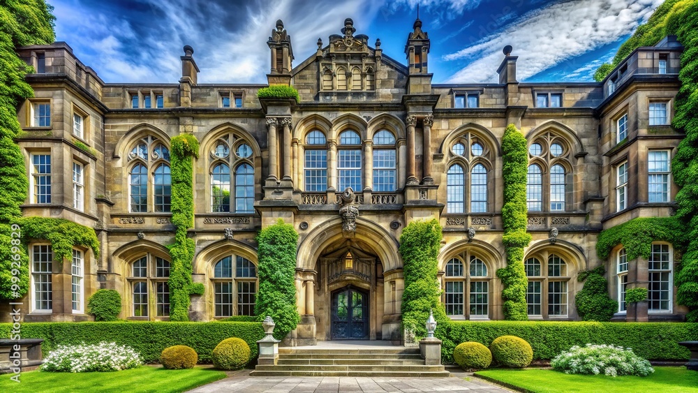 Imposing columned facade of a prestigious university building with ...