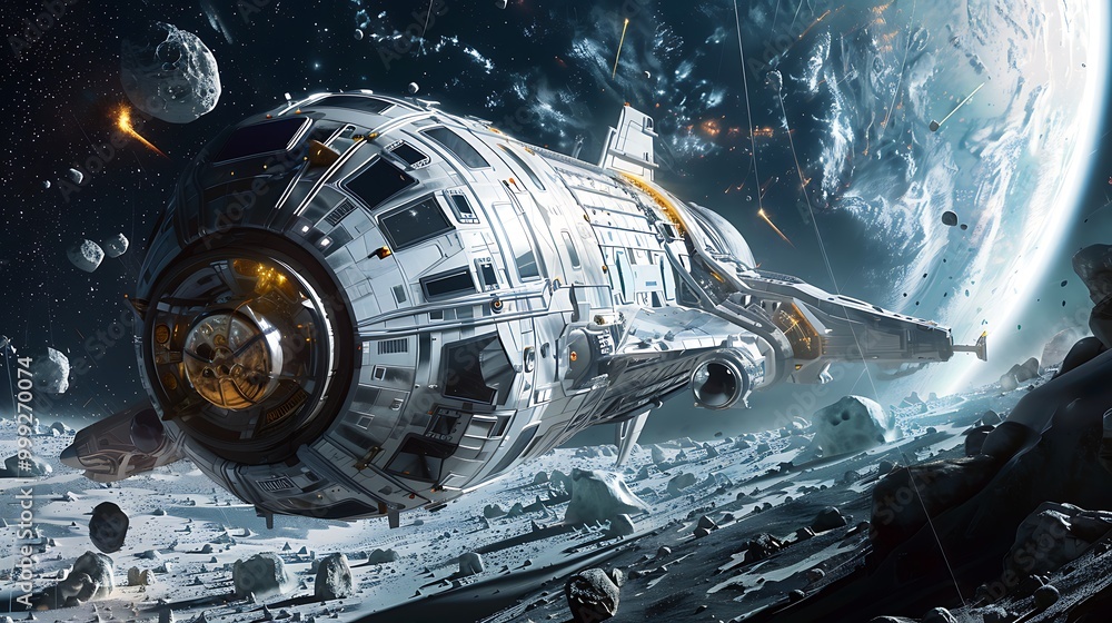 Futuristic spaceship flying through an asteroid field in space. The ...