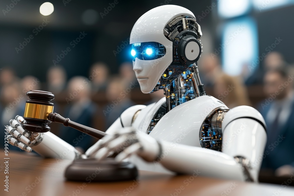 AI judge presiding over a digital trial, with robotic arms holding a ...