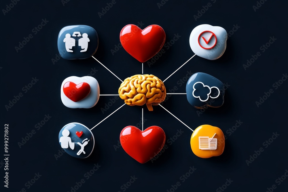 Poster Concept of emotional intelligence, with icons of hearts, brains ...