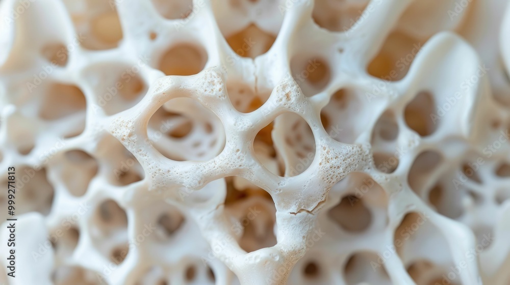 Detailed microscopic view of the intricate porous structure of bone showcasing calcium deposits ...
