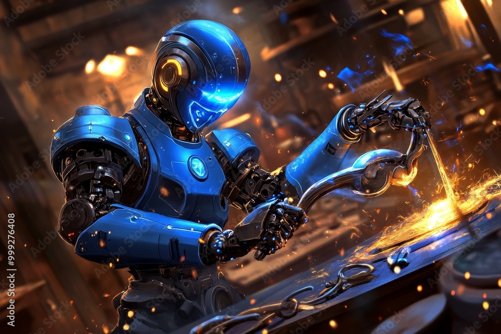 Magical robot blacksmith forging enchanted weapons, with robotic arms ...