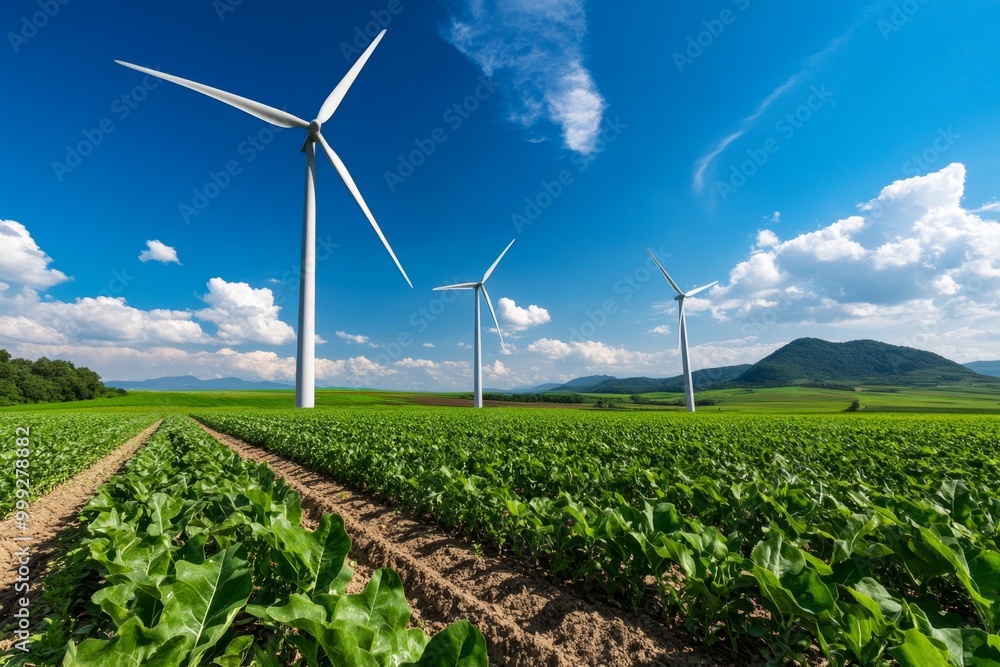 Wind turbines on a farm, with crops growing beneath them, representing ...